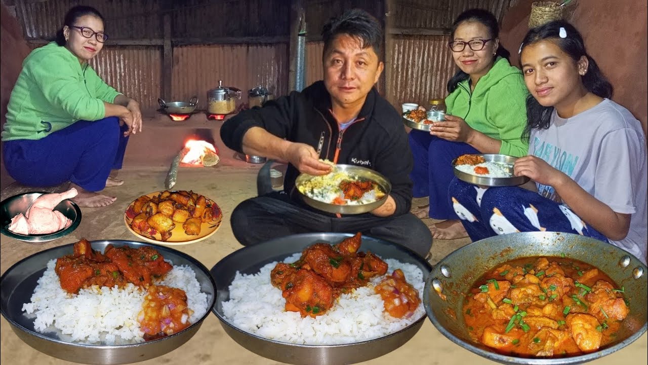 Nepali Recipe: Fry Chicken Curry, Channa Dal with Rice Cooking and ...