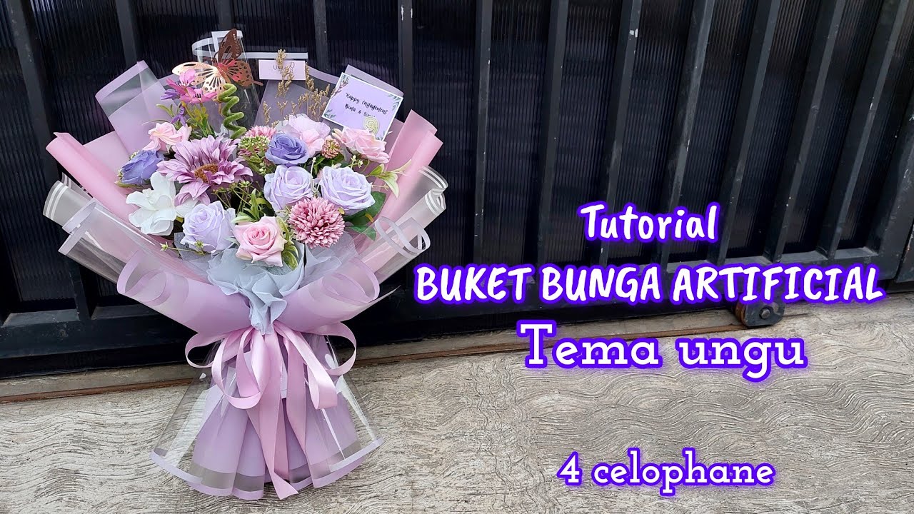 tutorial buket bunga artificial tema ungu - YouTube
