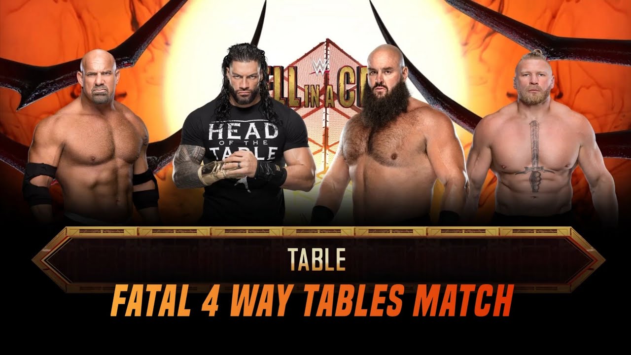 Fatal 4 Way Tables Match : Brock Lesnar Vs Roman Reigns Vs Goldberg Vs ...