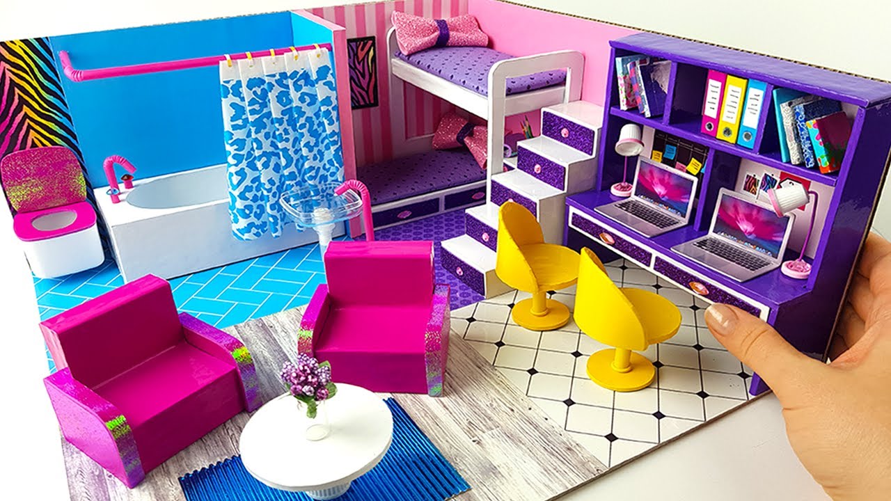 DIY Miniature Cardboard House #4 bathroom, bedroom and living room for ...