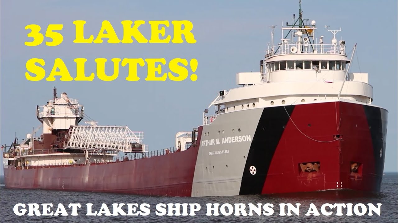 35 Lakers Saluting! Great Lakes Ship Horns in Action - YouTube