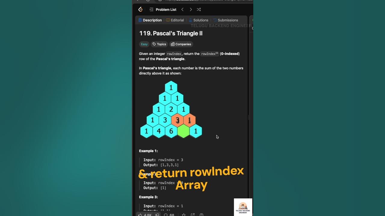 Pascals Triangle Ii Datastructuresintelugu Coding Leetcodechallenge Programming Arrays