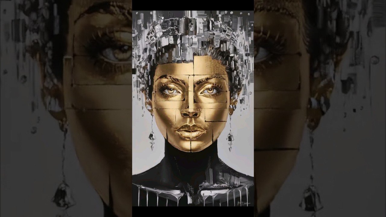Fragmented golden face, constructed fromrectangular shapes that reveal ...