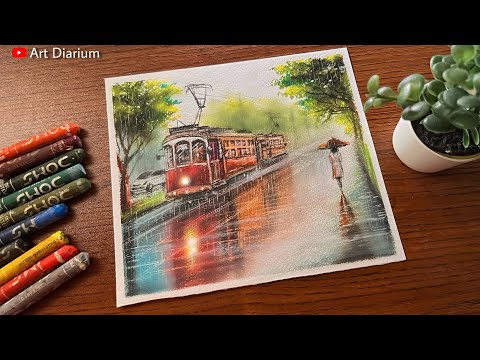 Rainy Season Scenery drawing with Oil Pastel - Step by Step