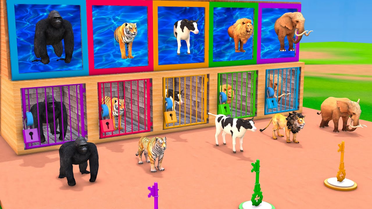 Animals Choose The Right Key With Cow, Mammoth, Elephant, Lion, Tiger ...