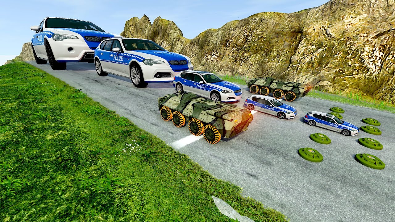 Big & Small Police Cars vs Dangerous bombs and Ukraine Tank | BeamNG ...