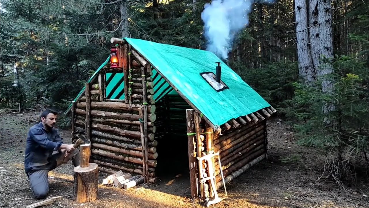 Building a Complete and Warm Survival Shelter - Off Grid Log Cabin ...
