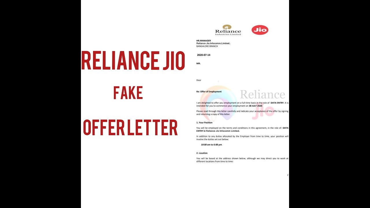FAKE OFFER LETTER-RELIANCE JIO INFOCOMM LIMITED BANGALORE BRANCH ...