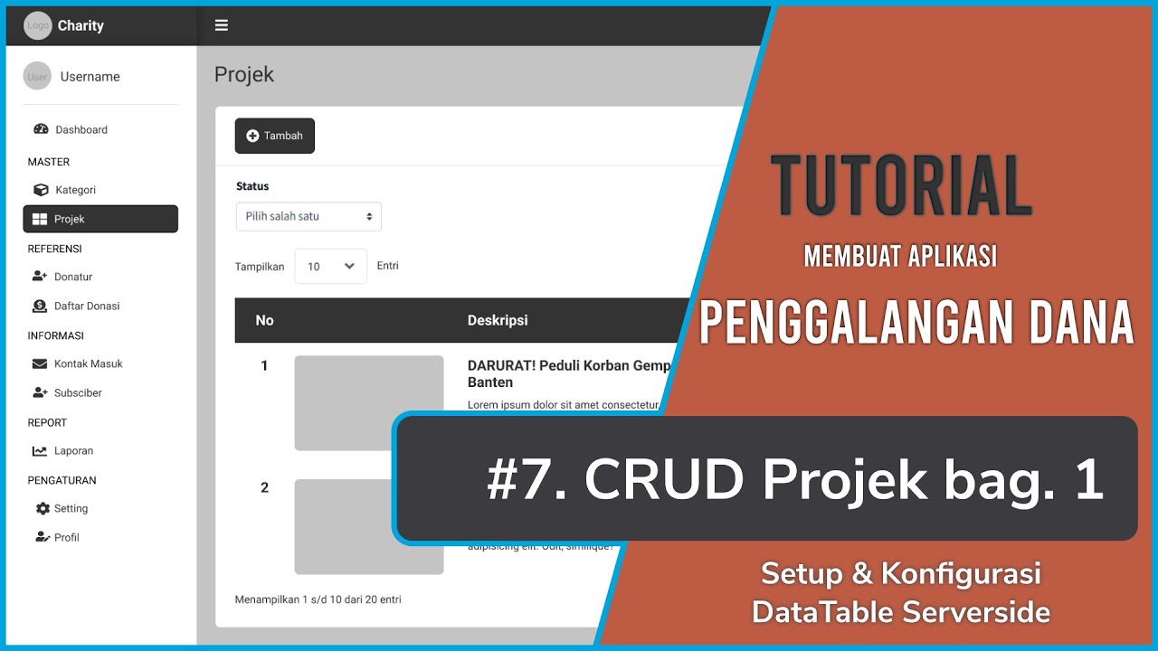 Tutorial Membuat Aplikasi Penggalangan Dana | 7. CRUD Projek bag. 1 Setup DataTable Serverside ...