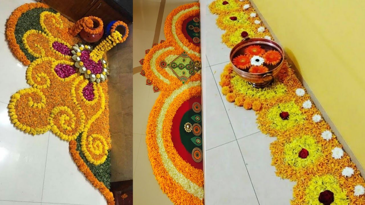 Flore corner rangoli designs|| Corner flowers rangoli designs||Diwali ...