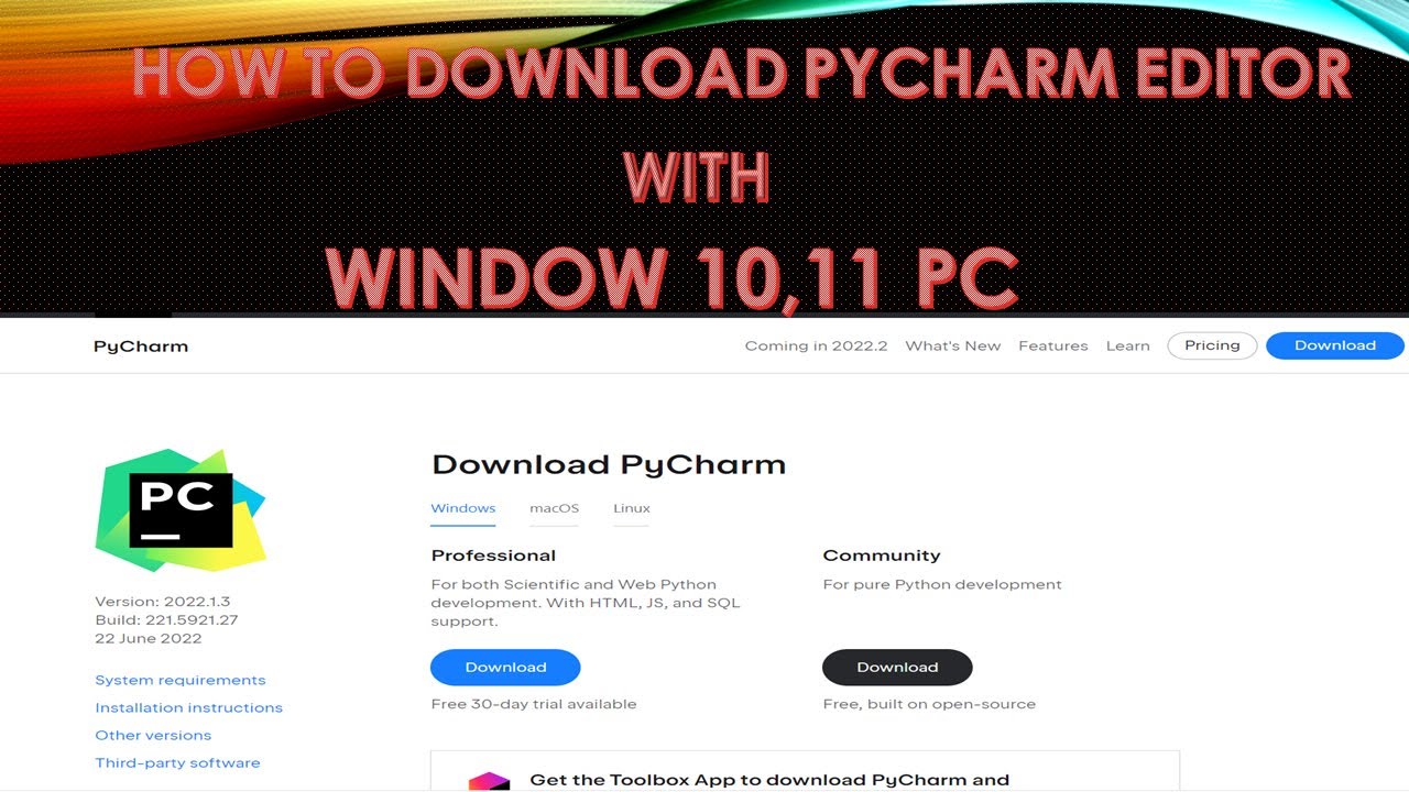 HOW TO DOWNLOAD PYCHARM EDITOR SOFTWARE IN WINDOW 1O PC | - YouTube