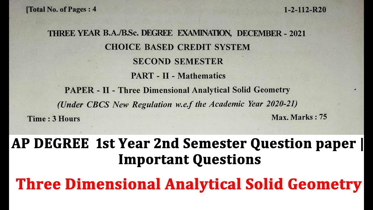 AP 1st year Degree 2nd Smester Maths Question Paper - Three Dimensional ...