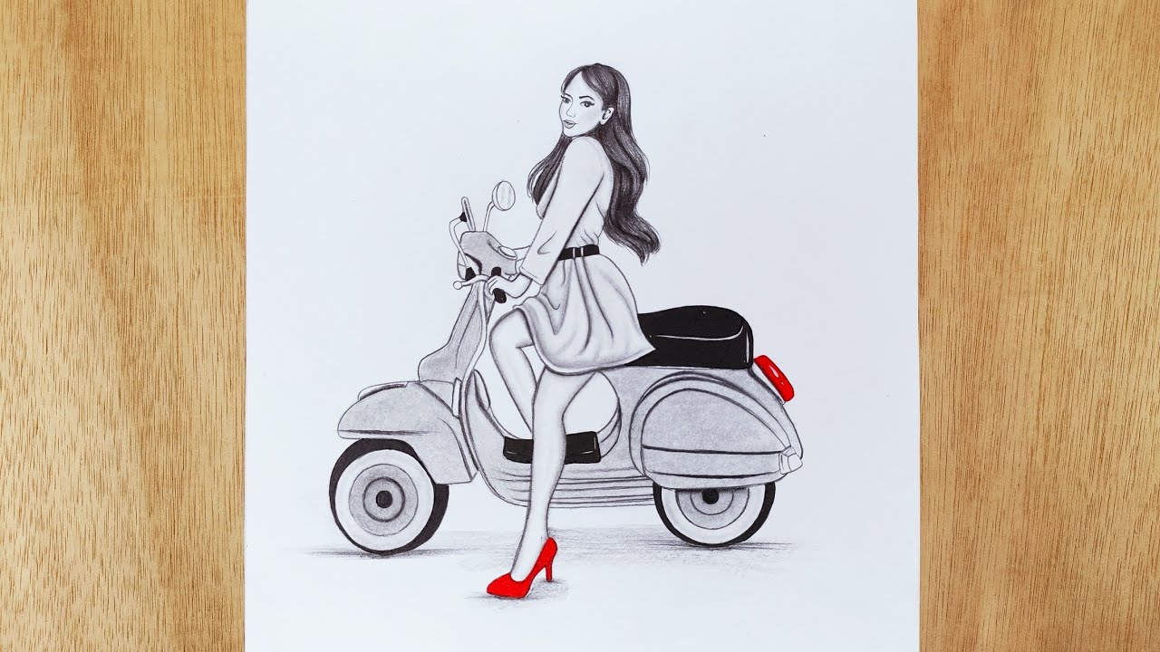 Easy Way to Draw A Girl With Scooty - Step by Step - Pencil sketch ...