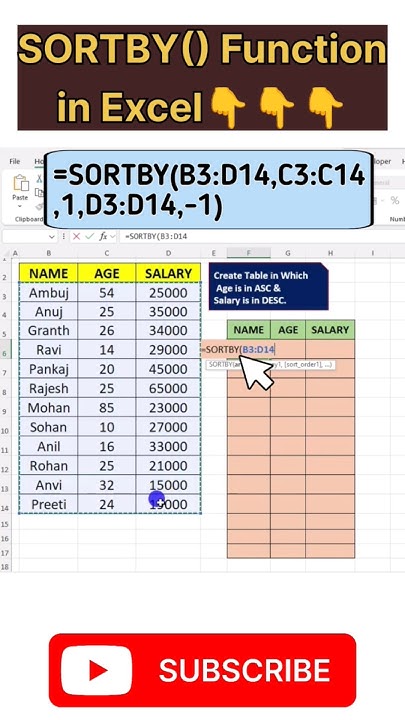 SORTBY() Function in Excel#Excel SORTBY() Formula#excel#exceltutorial#excelformula#shorts#viral ...
