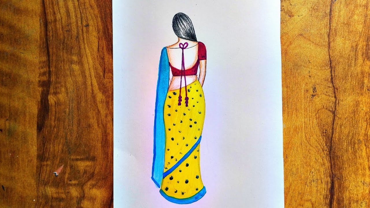 girl beautiful saree drawing ll easy girl saree drawing ll girl back ...