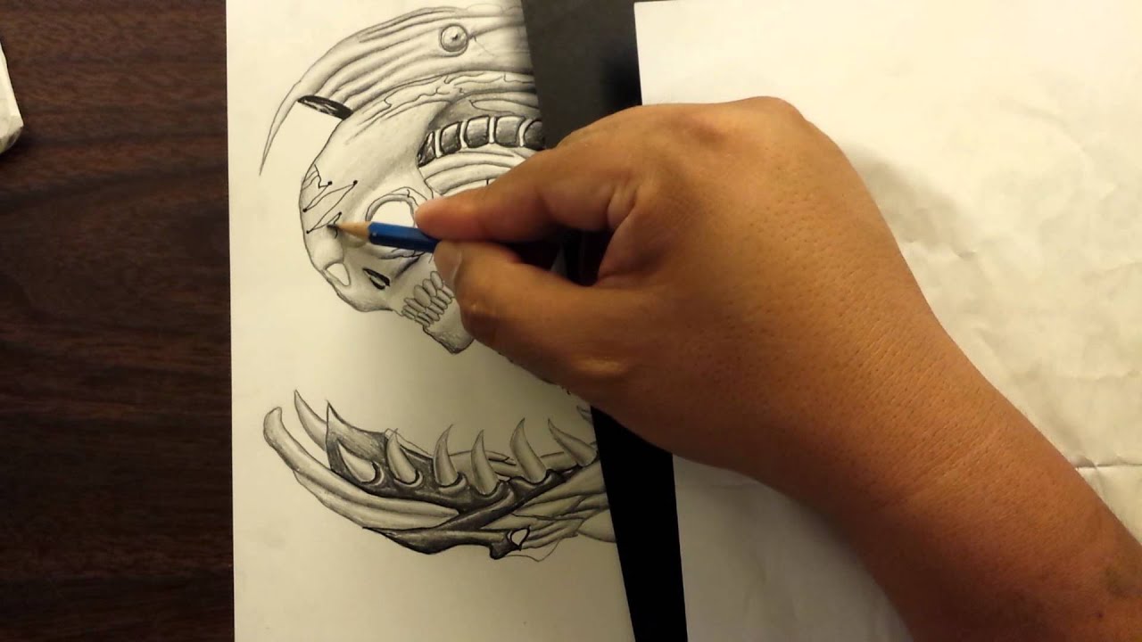 How to draw a biomechanical skull. Part 6 - YouTube