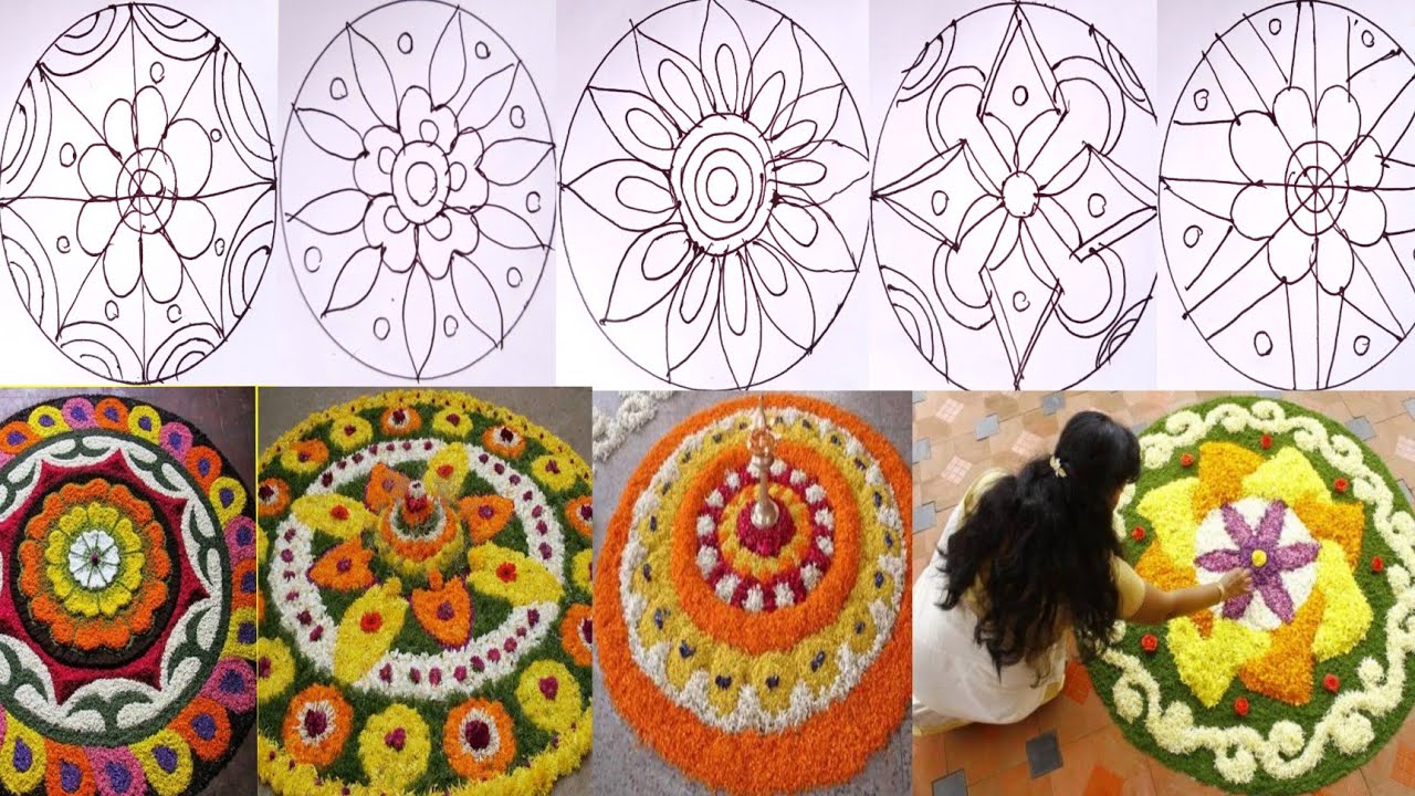 onam pookalam design outline | step by step simple pookalam design ...
