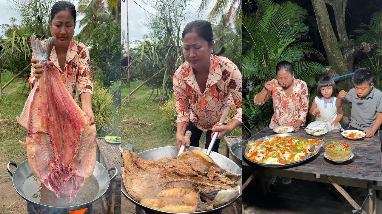 Amazing cooking skills: Grandma and grandson cook big fish for dinner ...