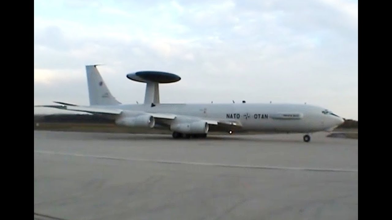 NATO AWACS E-3A (Boeing 707-300 Early Warning) noisy taxi and takeoff ...