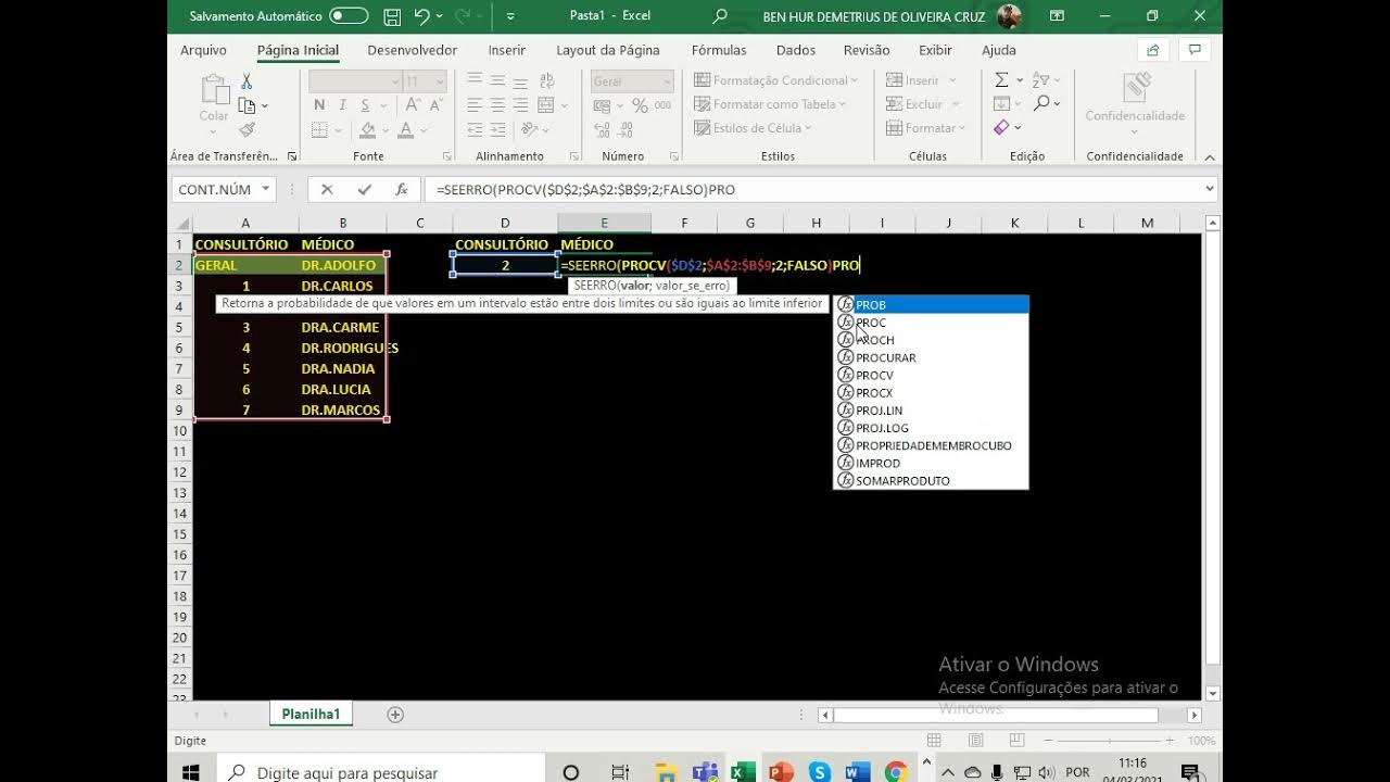 22 FUNÇÃO SEERRO +PROCV+PROCV Excel 2019 - YouTube