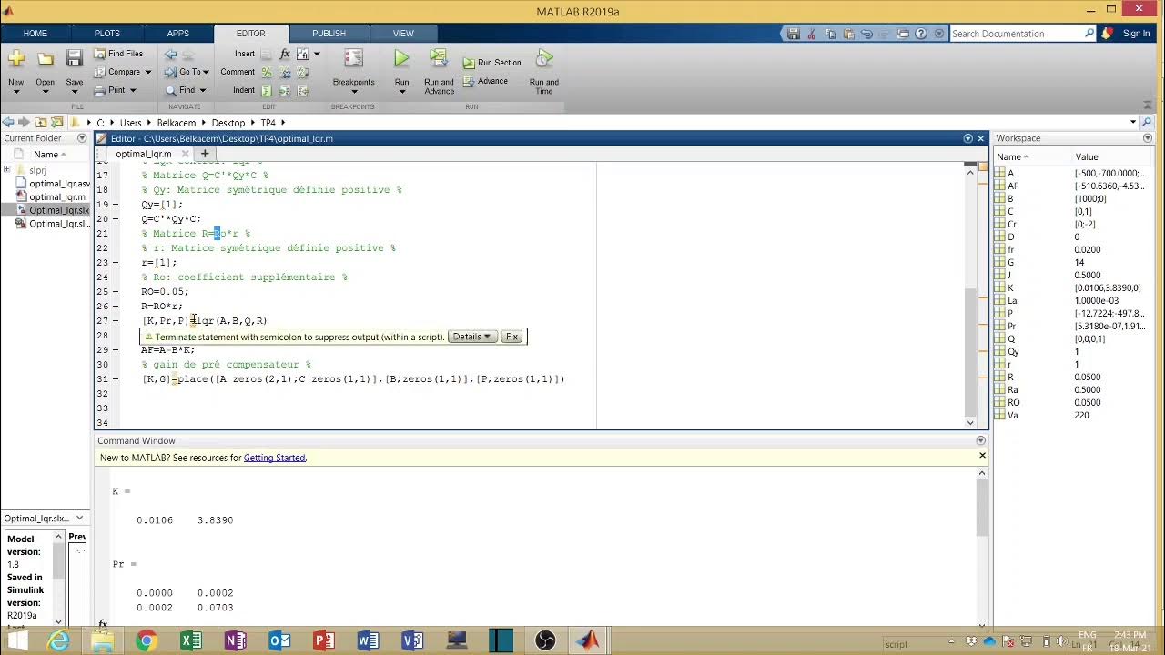 Commande optimale Linéaire quadrature LQR - YouTube