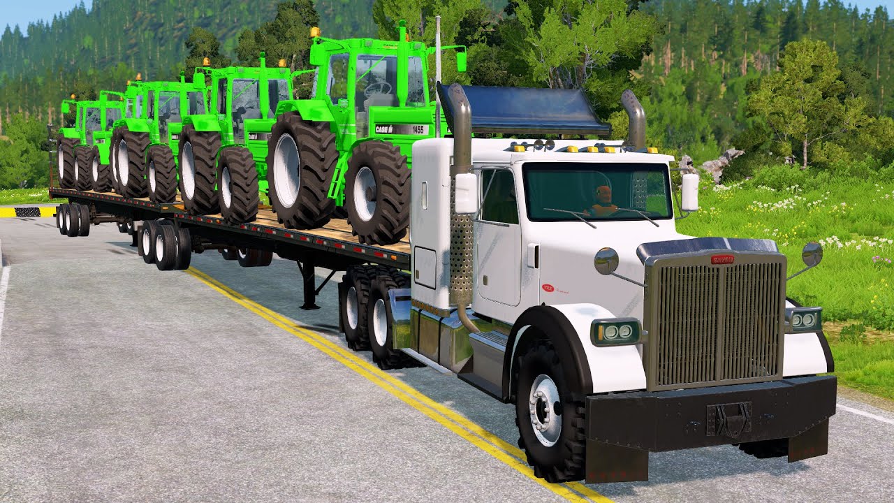 Tractors Transportation with Truck on Flatbed Trailer - Train vs ...