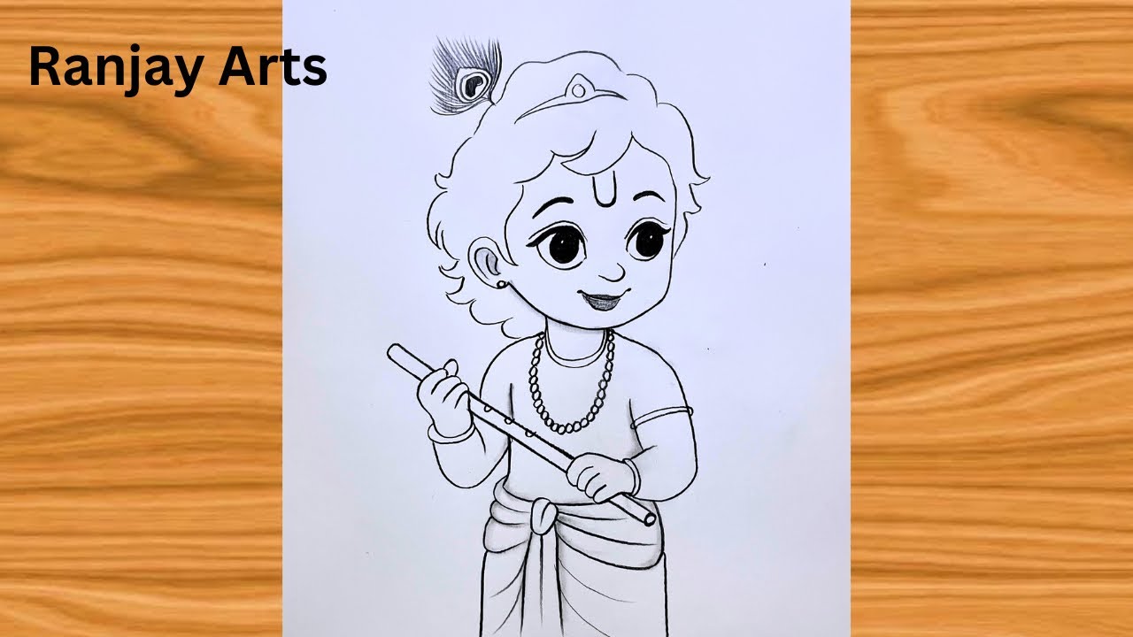 Cute Little Krishna Drawing With Flute | How to Draw Little Krishna ...