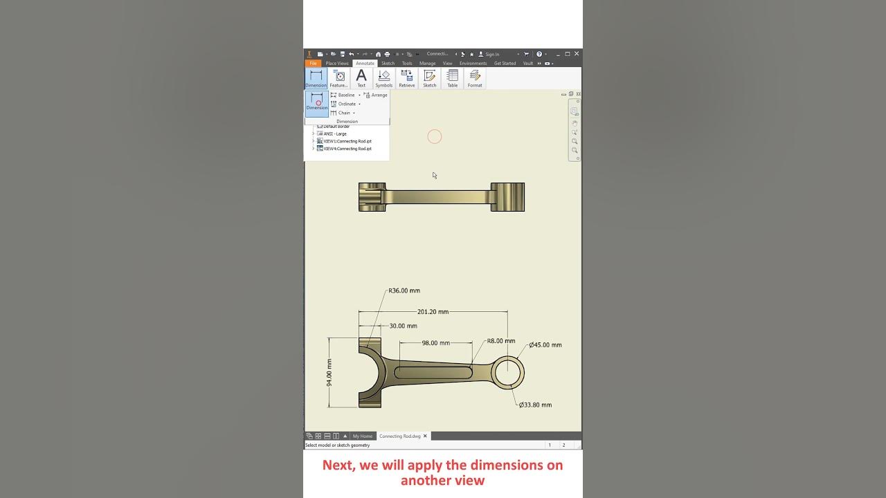 Apply the Dimensions on #base/projected views of part #inventor drawing sheet file# ...