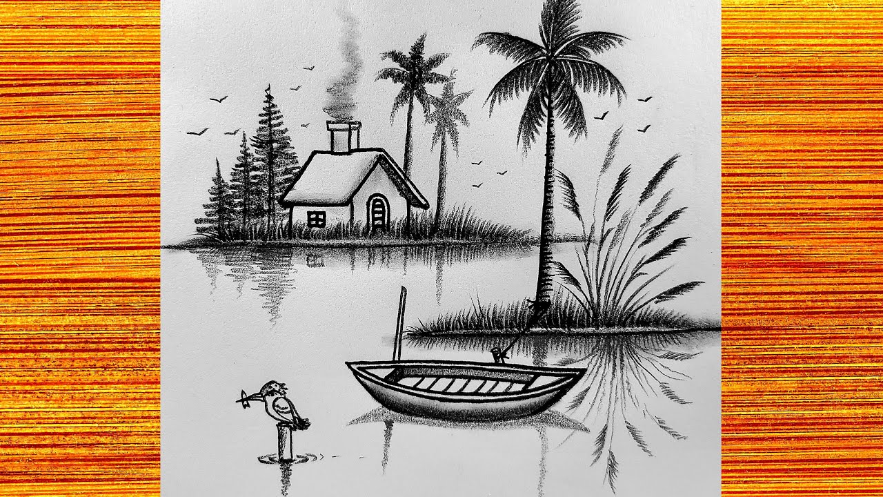 How to drawing beautiful Riverland || Learn to draw river scenery by ...
