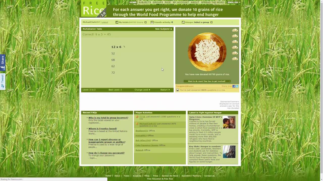 Earning 100,000 grains of rice Freerice Timelapse - YouTube