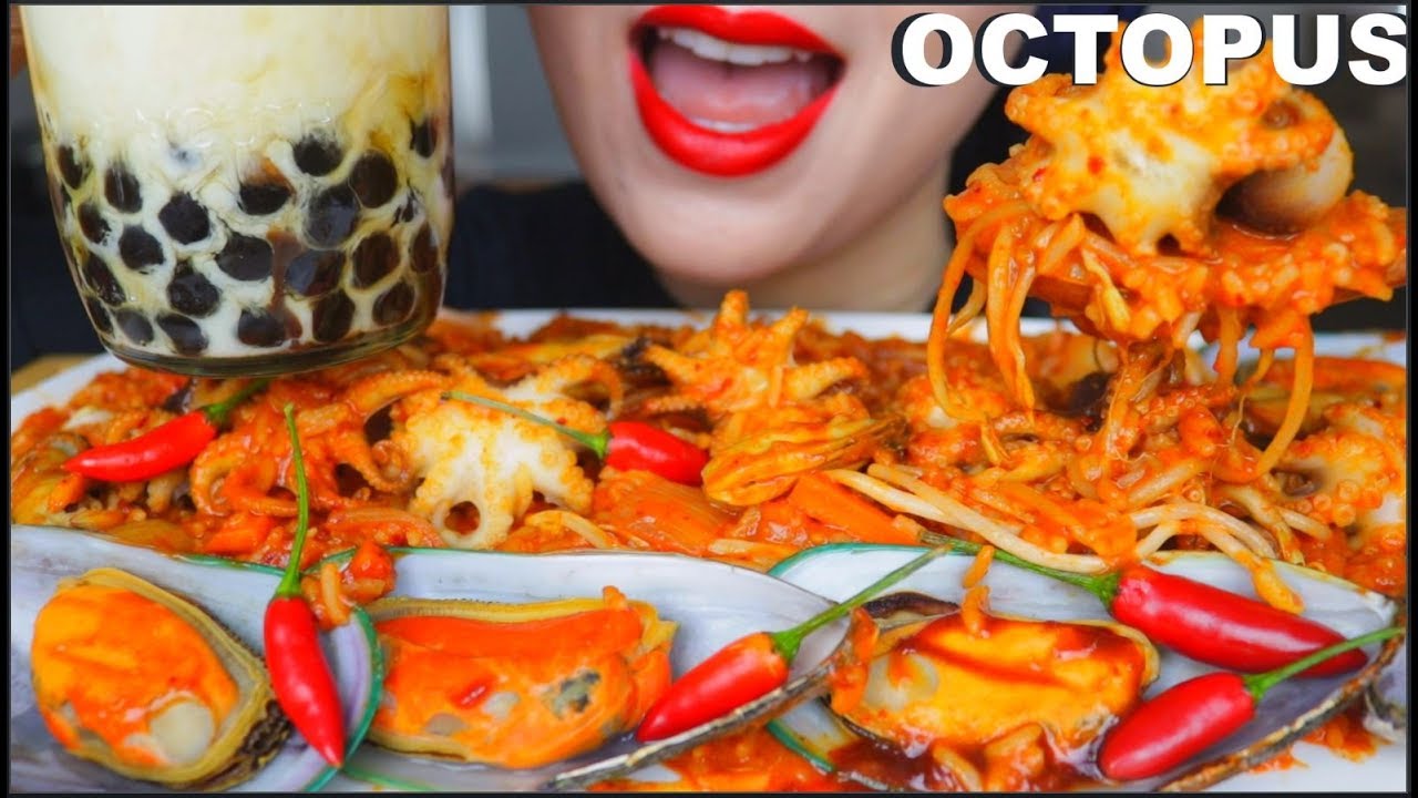 ASMR SPICY STIR FRIED OCTOPUS & RICE + MUSSELS + CHILLI + BOBA TEA ...