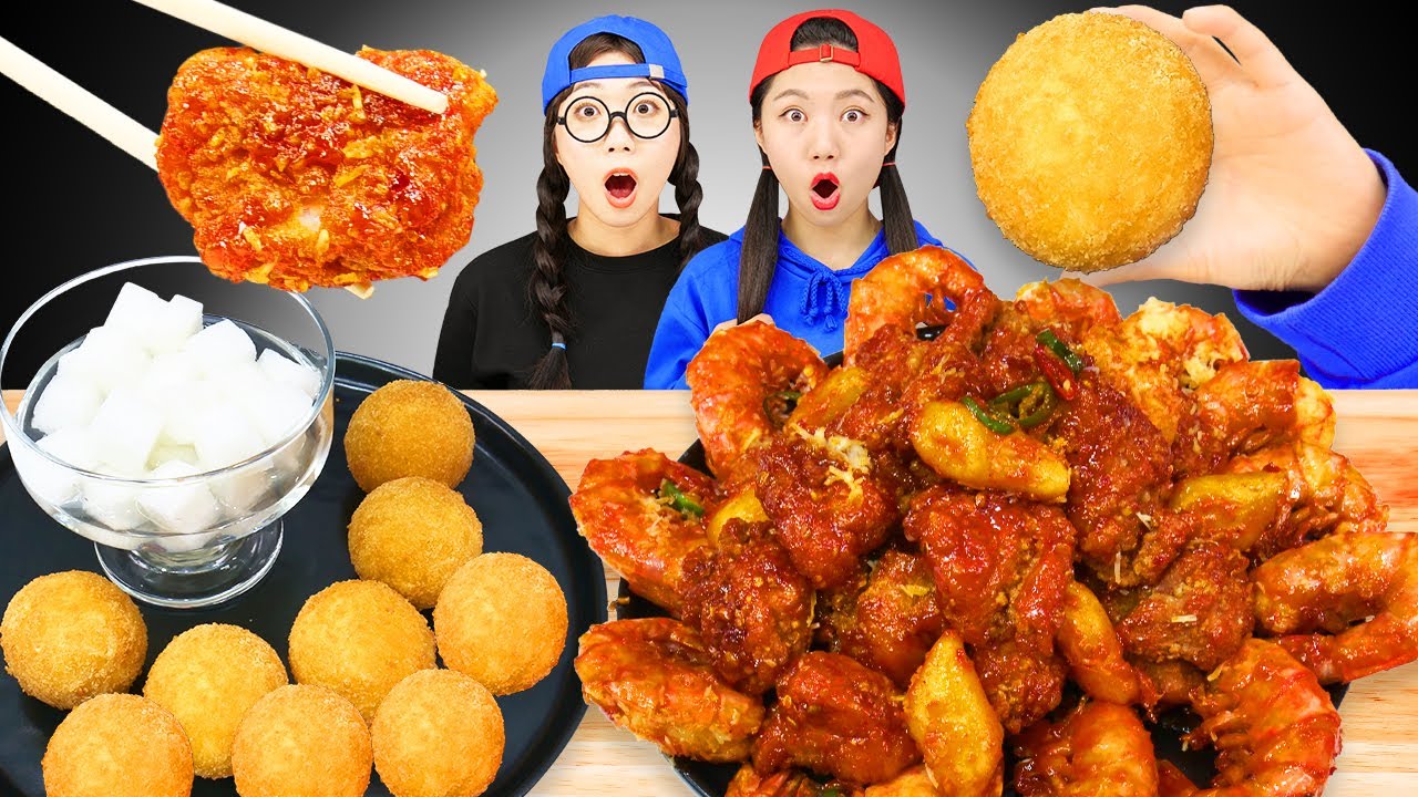 Lobster Shirimp Red Chicken Cheeseballs Mukbang 바른치킨 대새레드 랍스타새우 매운 치킨 ...