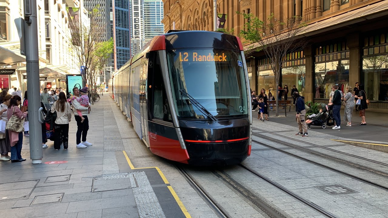 Sydney Light Rail [Line L2] Alstom Citadis 305 [23/24] departing QVB ...