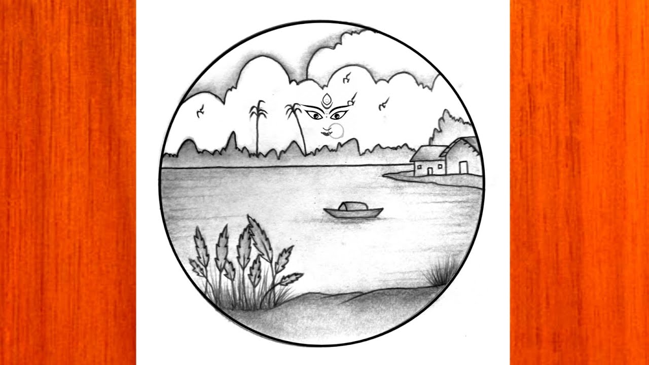 Durga puja easy scenery drawing || Saratkal circle scenery drawing ...