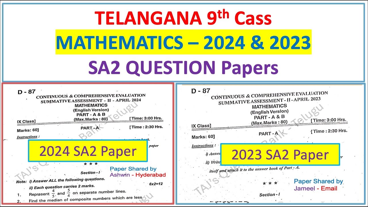 9th class SA2 Maths 2024, 2023 exam question paper Mathematics ...