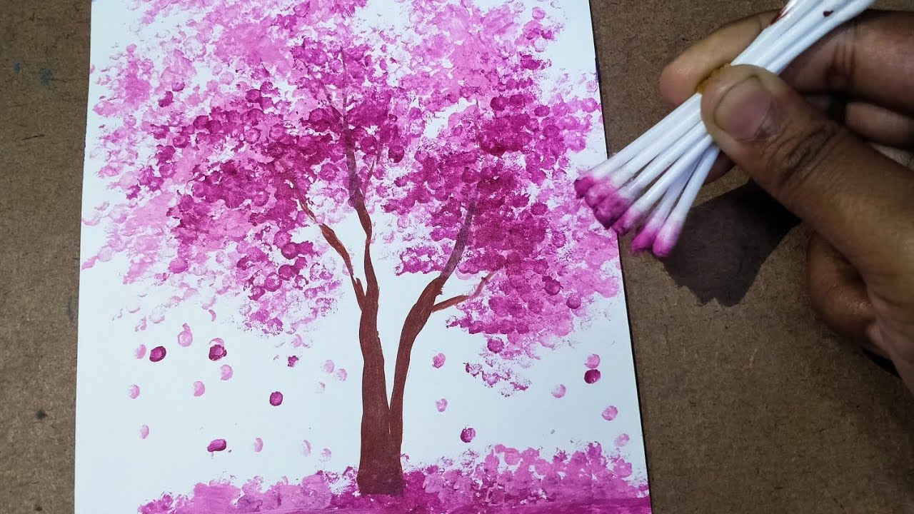 How to paint cherry blossom tree💜(Relaxing demo for beginners) -Cotton ...
