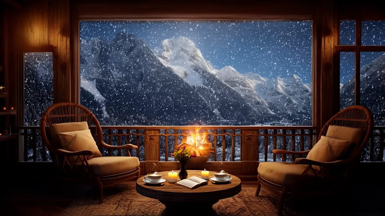 Winter Snowfall at Cozy Balcony Mountain View ️ Crackling Fire Sounds ...