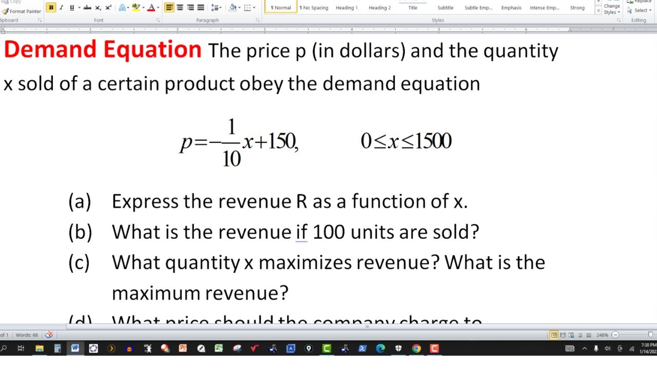 Demand Equation and Revenue Function - YouTube
