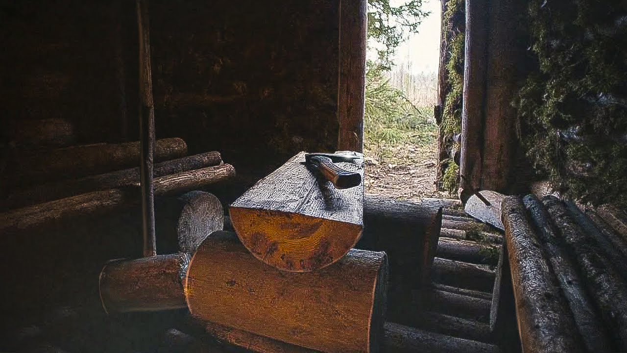 Building a winter bushcraft shelter in the wild forest from start to ...