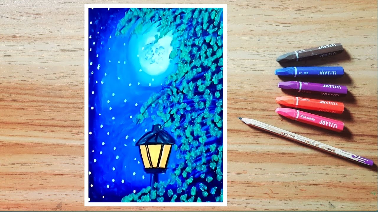 How to Draw Night Scenery with Street Lamp - Oil Pastel Drawing Step By ...