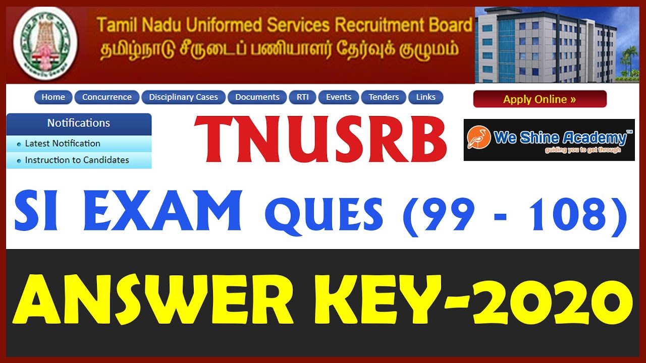 TNUSRB SI Exam Answer Key 2020 | Question 99 to 108 | We Shine Academy ...