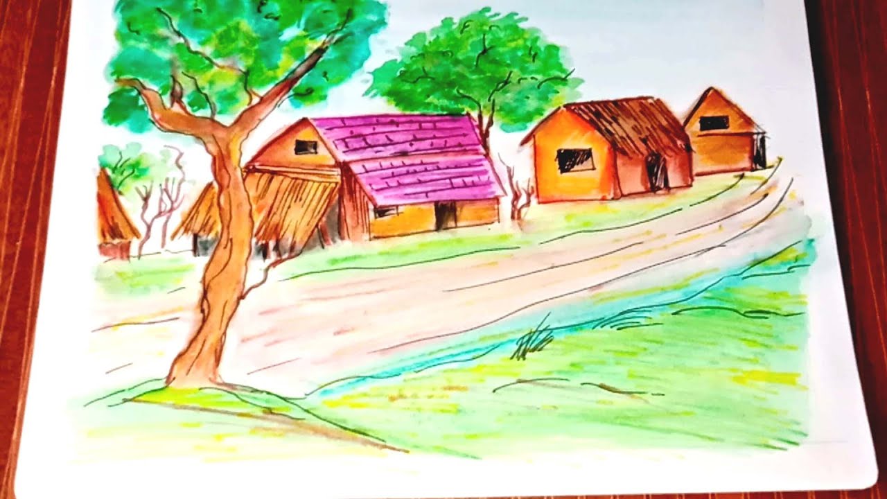 Landscape Scenery Drawing by Color Pencil | Color pencil Drawing for ...