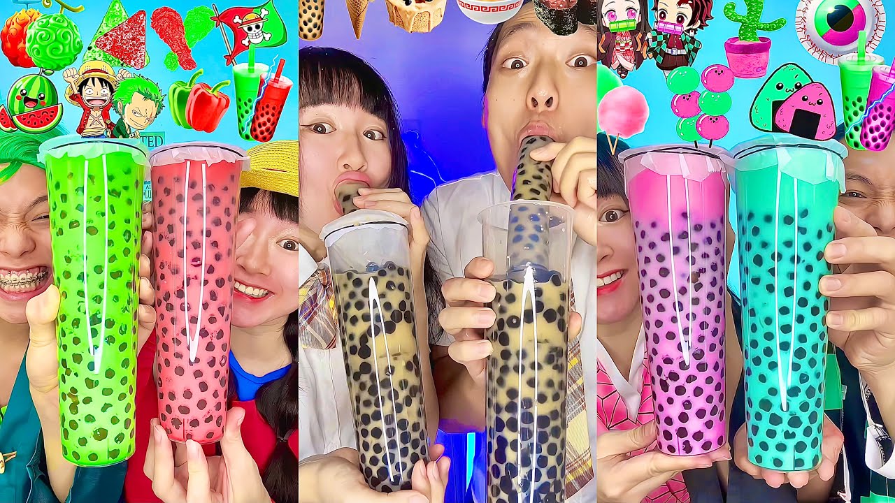 Rainbow Boba Emoji Food Challenge ASMR Compilation! Bubble tea🥵 devil ...