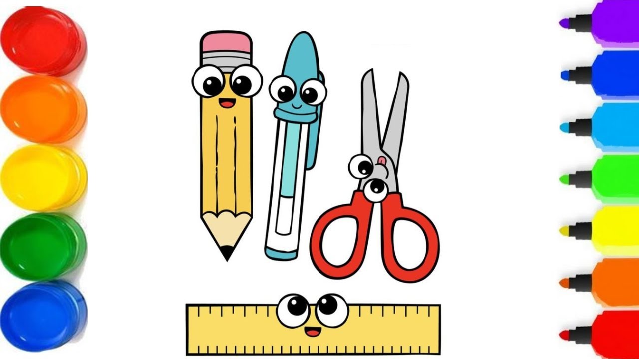 how to draw a pen, pencil, ruler and scissor for kids and toddlers # ...