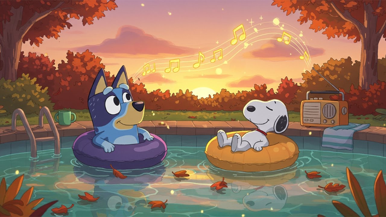 Snoopy & Bluey Sunset Poolside Jazz 🌅 Floating Relaxation with Warm ...