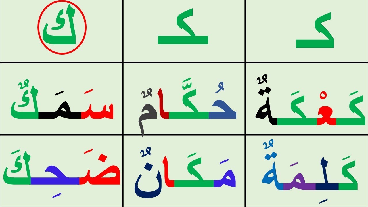 لتعلم كتابة وقراءة حرف الكاف في اول الكلمة وفي وسط الكلمة وفي آخر ...