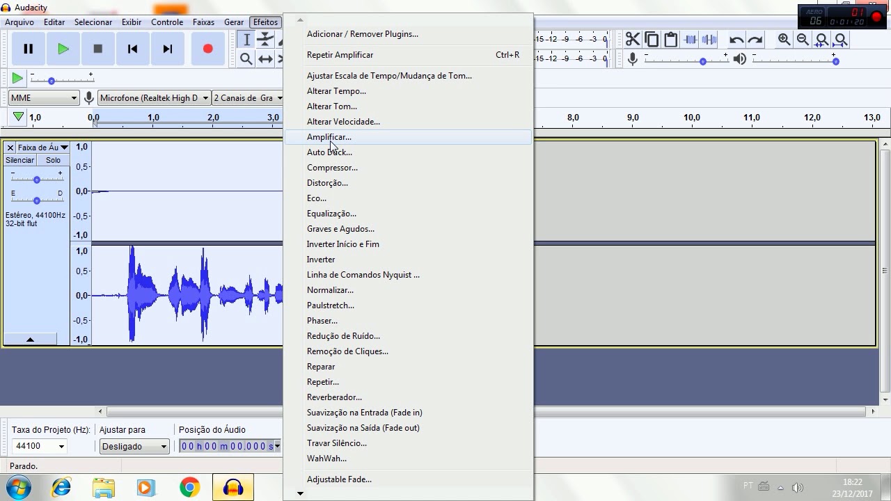 Como aumentar o volume de um Audio no Audacity - YouTube