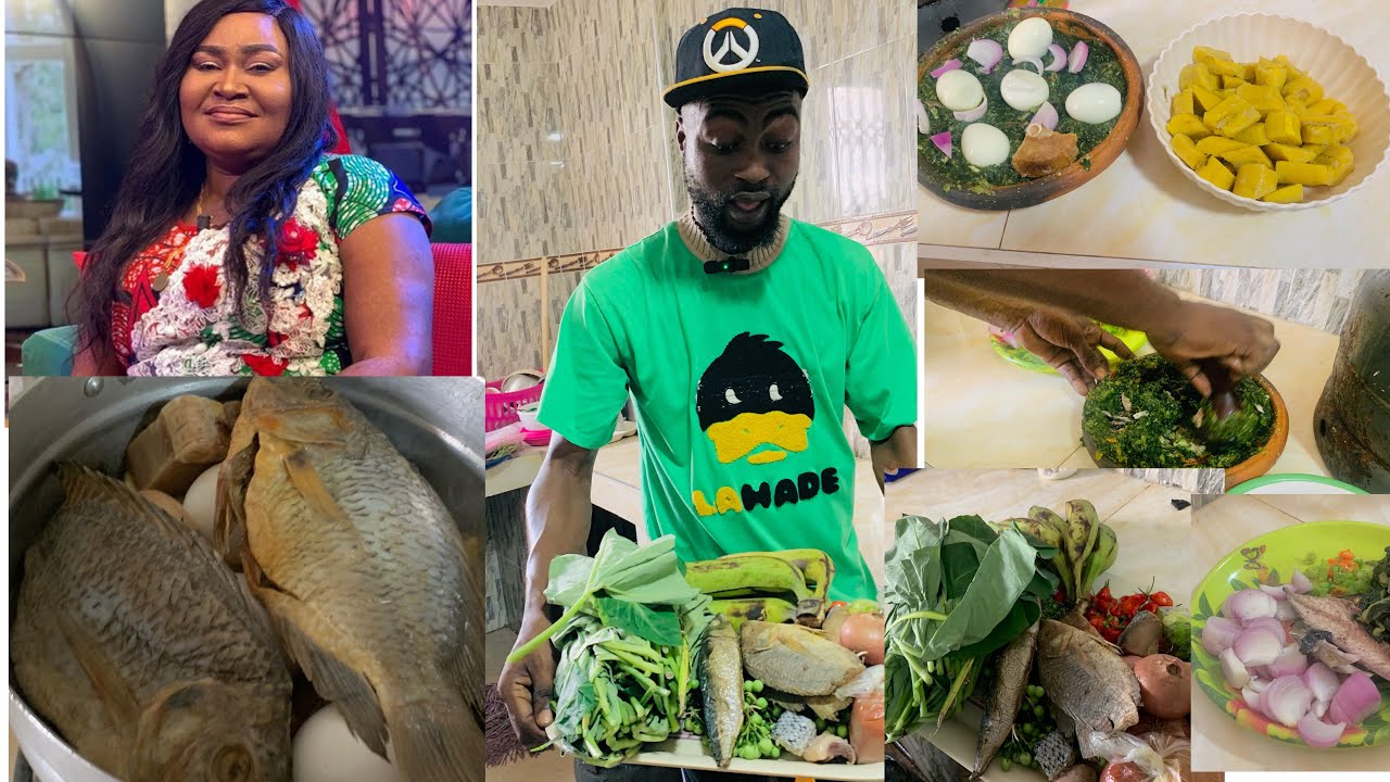 Akyere Bruwaa’s Son Ojohn cooks local food (Plantain and Kontomire stew ...