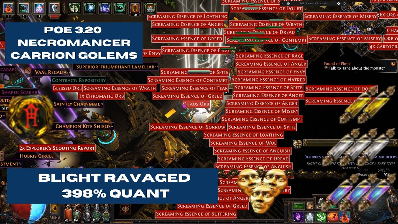[POE 3.20] Carrion Golem Necromancer 398% Quant Blight-Ravaged Map #001 ...