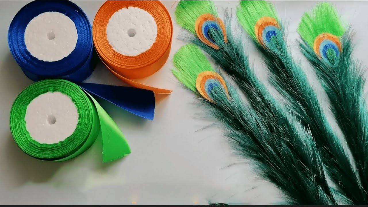 Handmade of peacock feathers with ribbons - YouTube